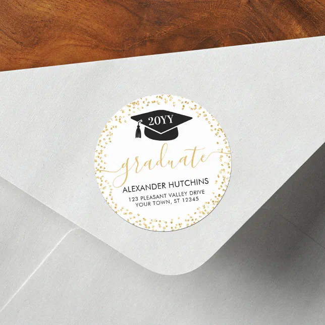 Graduation Gold Glitter Confetti Return Address Classic Round Sticker ...