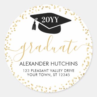 Graduation Gold Glitter Confetti Return Address Classic Round Sticker ...