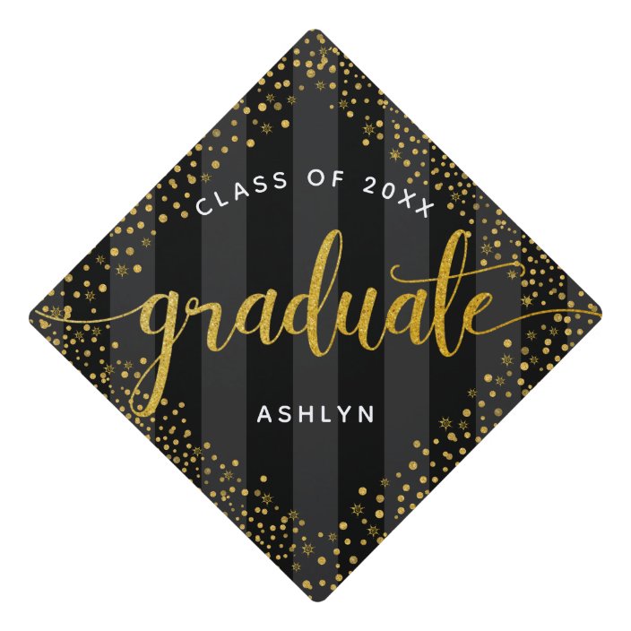 Graduation gold glitter dots on black stripes graduation cap topper ...