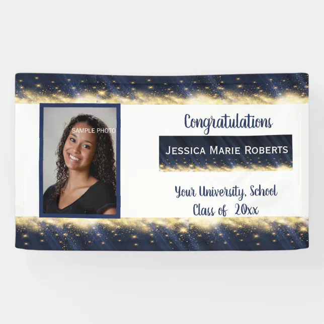Graduation Gold Glitter on Blue Custom Photo Banner | Zazzle