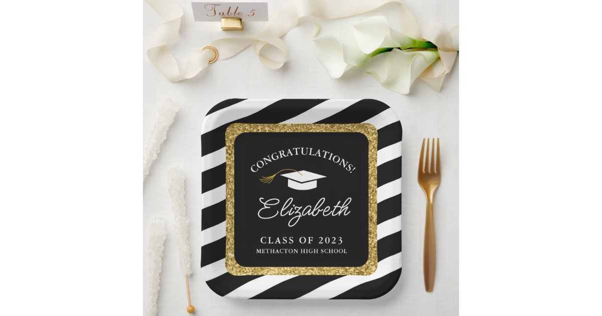 Graduation Gold Glitter Script Graduation Party Paper Plates | Zazzle