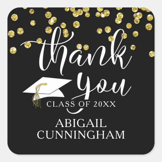Graduation Gold Glitter Script THANK YOU Square Sticker | Zazzle