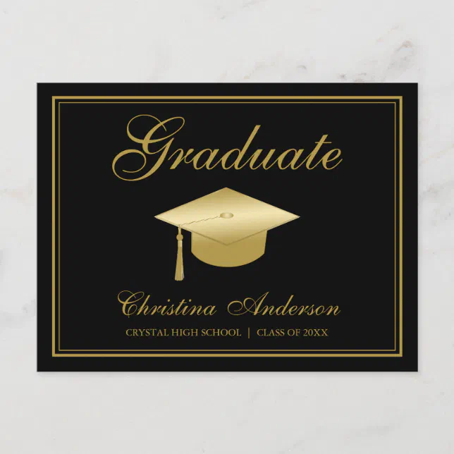 Graduation Gold Grad Cap & Script on Black Party Invitation Postcard ...