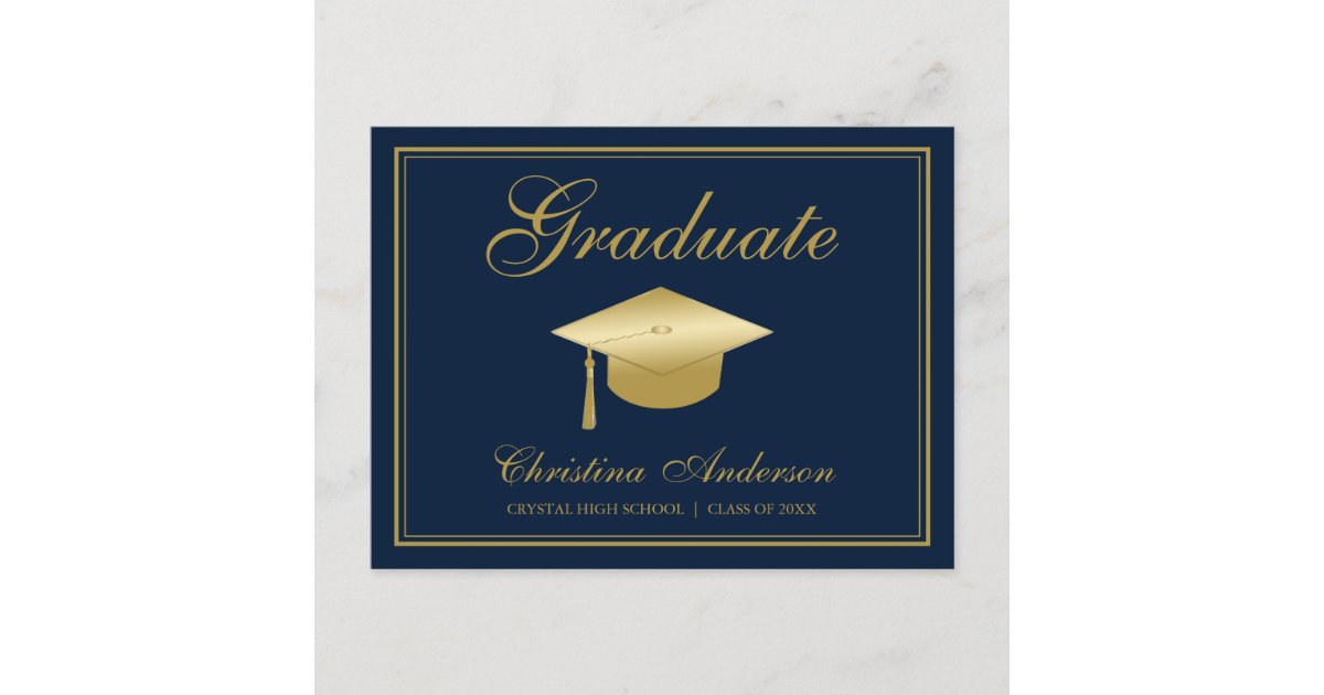 Graduation Gold Grad Cap & Script on Blue Party Invitation Postcard ...