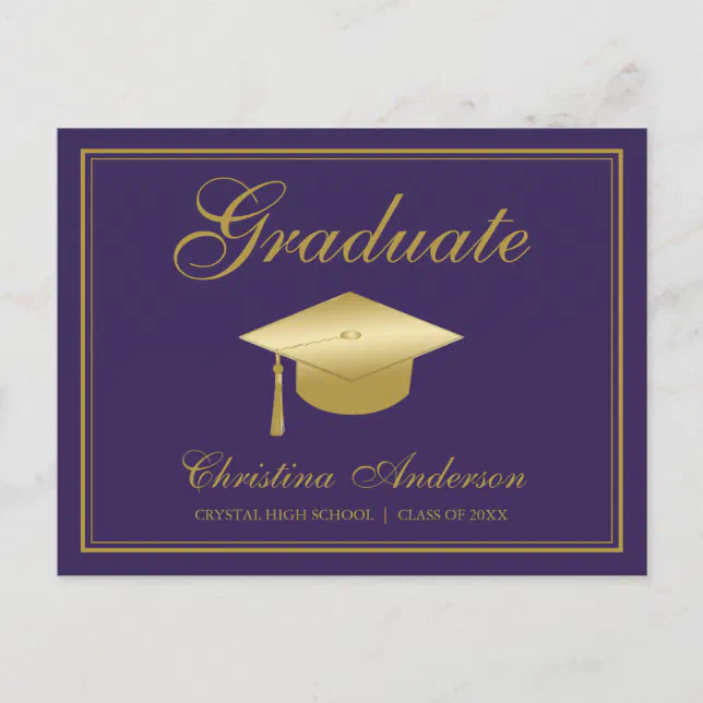 Graduation Gold Grad Cap & Script on Purple Party Invitation Postcard ...