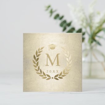 Graduation Gold Laurel Wreath Grad Cap Monogrammed Invitation | Zazzle