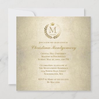 Graduation Gold Laurel Wreath Grad Cap Monogrammed Invitation | Zazzle