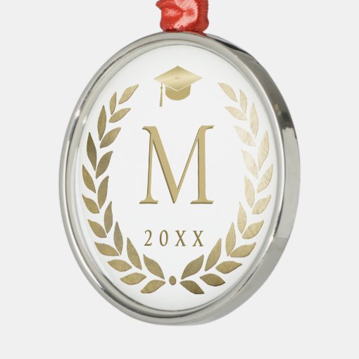 Graduation Gold Laurel Wreath Monogrammed Initial Metal Ornament | Zazzle