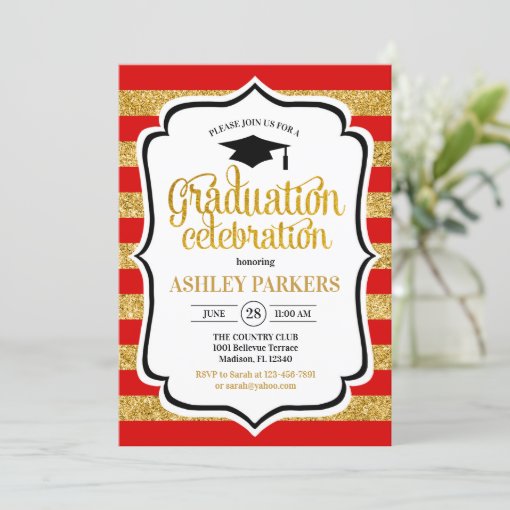 Graduation - Gold Red Stripes Invitation | Zazzle