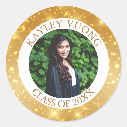 Graduation Gold Sparkle Custom Senior Photo Party Classic Round Sticker ...