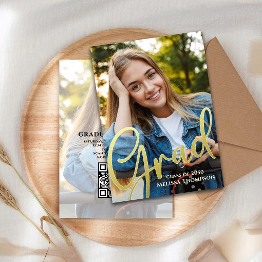 Graduation Grad Gold Calligraphy | QR Code Website Invitation | Zazzle