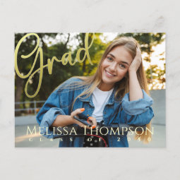 Graduation Grad Gold Calligraphy Simple Two Photo Postcard | Zazzle