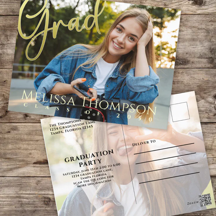 Graduation Grad Gold Calligraphy Simple Two Photo Postcard | Zazzle