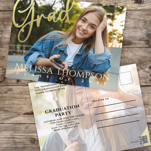 Graduation Grad Gold Calligraphy Simple Two Photo Postcard | Zazzle