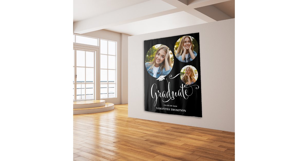 Graduation Graduate Black and White Photo Party Tapestry | Zazzle