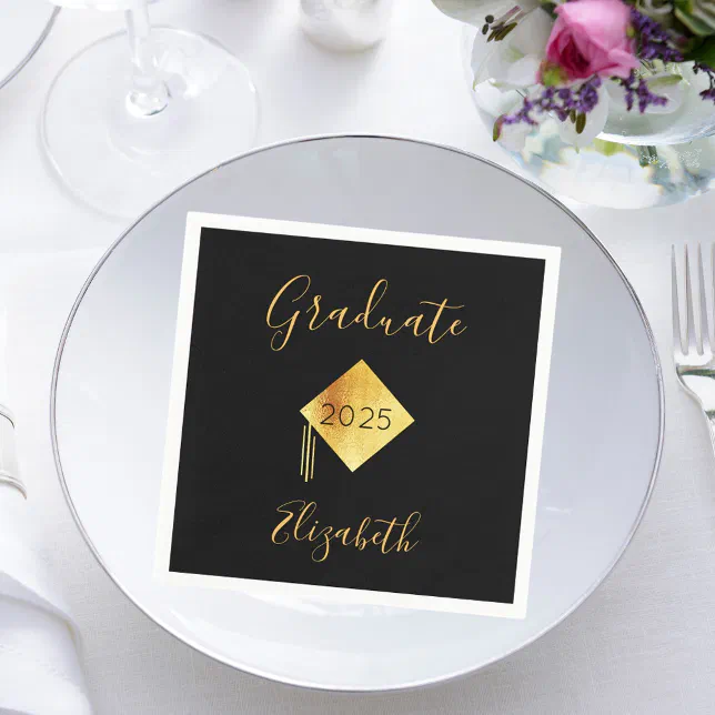 Graduation graduate party black gold cap 2025 napkins | Zazzle