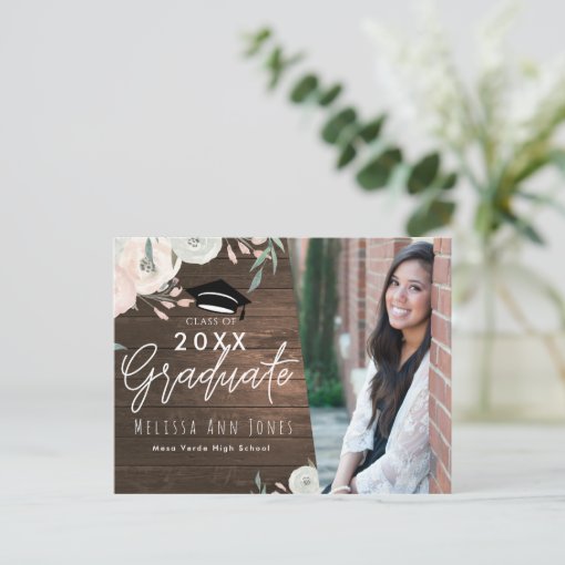 Graduation Graduate Rustic Wood Floral Chic Photo Invitation Postcard ...