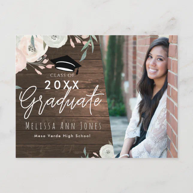 Graduation Graduate Rustic Wood Floral Chic Photo Invitation Postcard ...