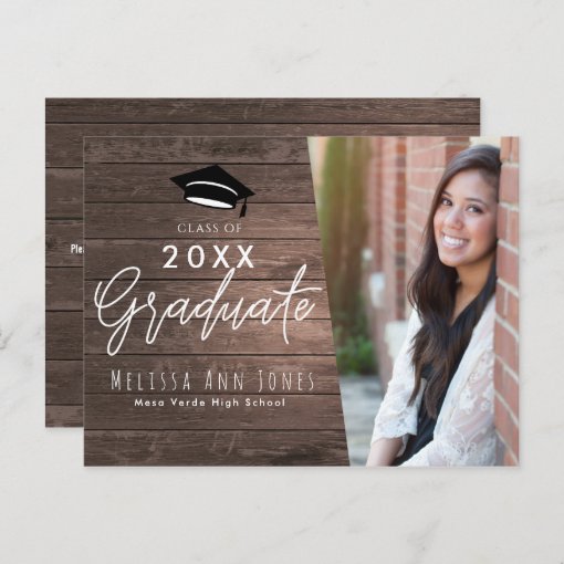 Graduation Graduate Rustic Wood School Photo Invitation Postcard | Zazzle