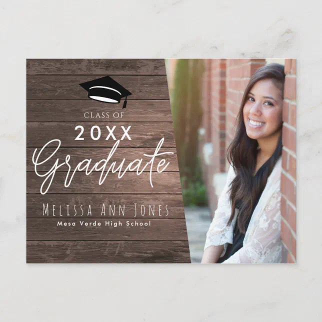 Graduation Graduate Rustic Wood School Photo Invitation Postcard | Zazzle