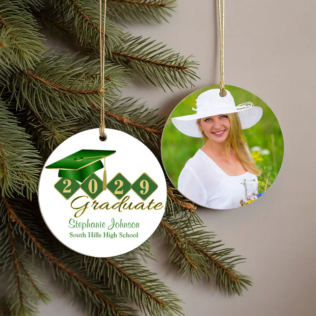 Graduation Green and Gold Classic Photo Ceramic Ornament | Zazzle