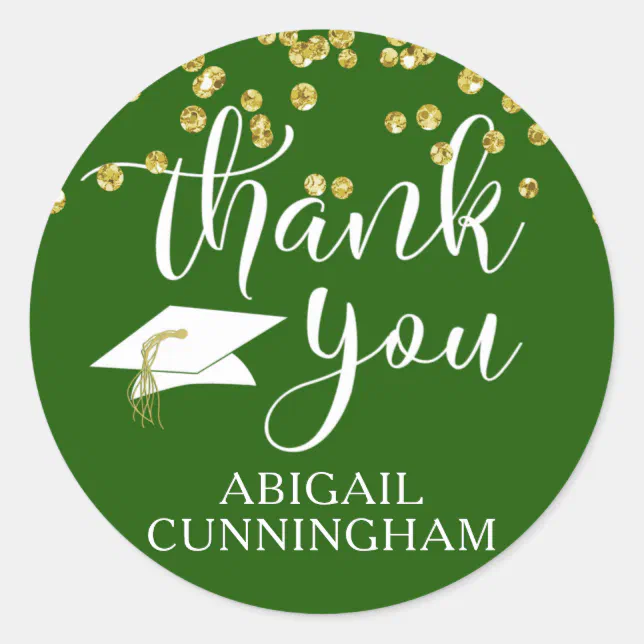 Graduation Green Gold Confetti Script THANK YOU Classic Round Sticker ...