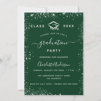 Graduation green silver glitter luxury invitation | Zazzle