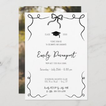 Graduation hand drawn bow wavy photo on back invitation | Zazzle