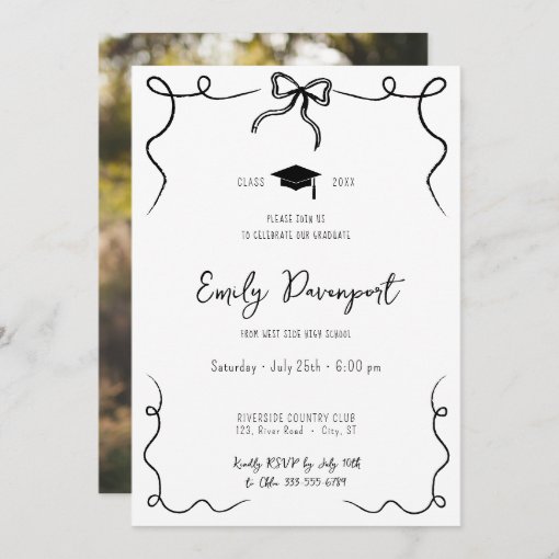 Graduation hand drawn bow wavy photo on back invitation | Zazzle