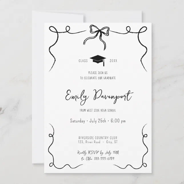 Graduation hand drawn bow wavy photo on back invitation | Zazzle