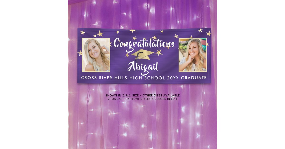 Graduation Hand Lettered Photo Purple Gold Stars Banner | Zazzle