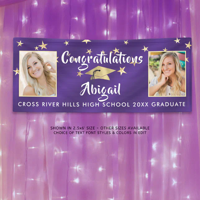 Graduation Hand Lettered Photo Purple Gold Stars Banner | Zazzle