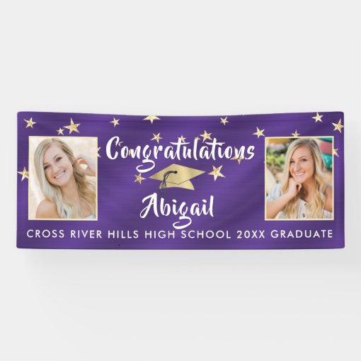 Graduation Hand Lettered Photo Purple Gold Stars Banner | Zazzle