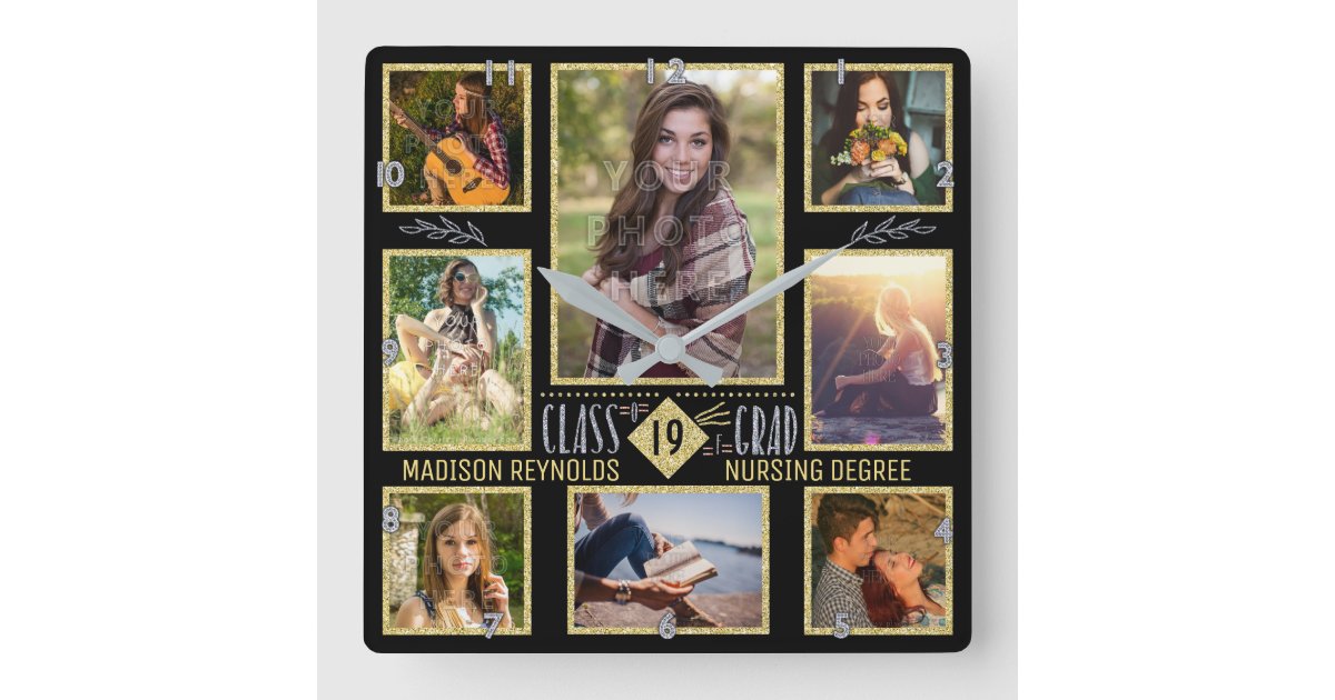 Graduation High School College Grad Photo Collage Square Wall Clock ...