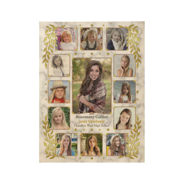 Graduation High School Photo Collage | Marble Gold Wood Poster | Zazzle