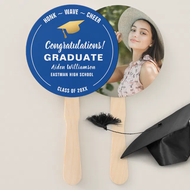 Graduation Honk Wave Gold Grad Cap Custom Photo Hand Fan | Zazzle