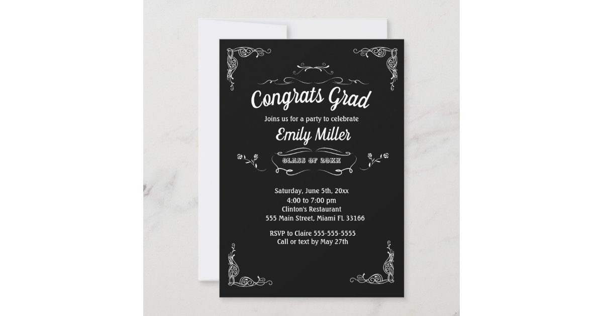 Graduation Invitation Black White Chalkboard | Zazzle