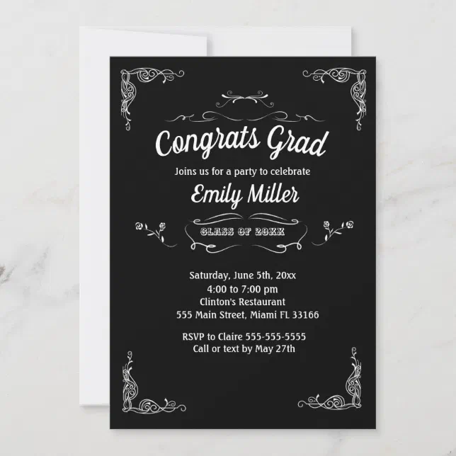 Graduation Invitation Black White Chalkboard | Zazzle