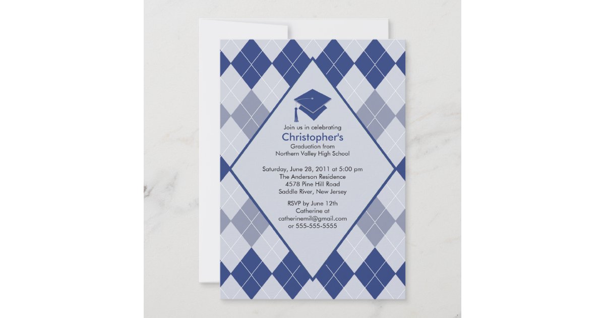 Graduation Invitation Preppy Blue Argyle | Zazzle