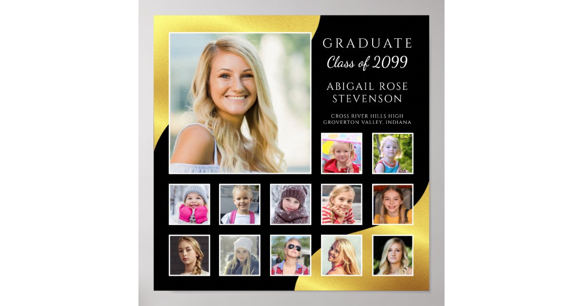 Graduation K-12 Photo Collage Black Faux Gold Foil Poster | Zazzle