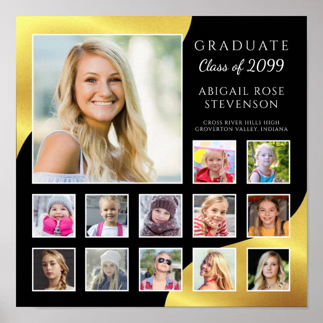 Graduation K-12 Photo Collage Black Faux Gold Foil Poster | Zazzle