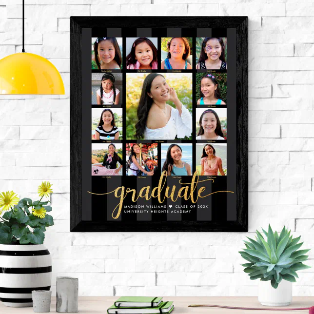 Graduation K–12 Photo Collage Gold Black Script Poster | Zazzle