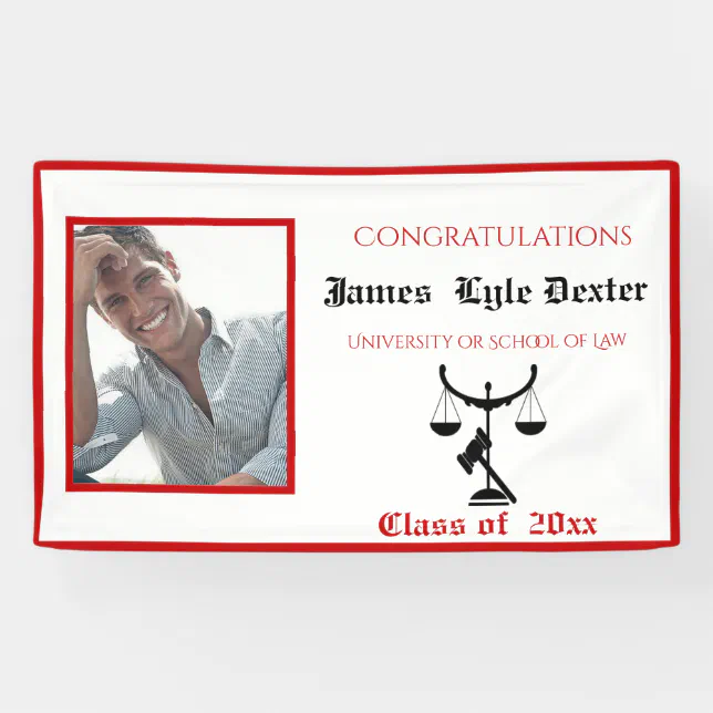 Graduation Law School Red & White Scales of Justic Banner | Zazzle