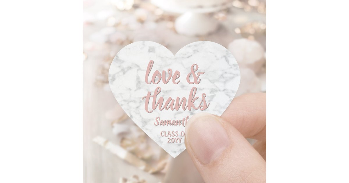 Graduation Love & Thanks Pink Script & Marble Heart Sticker | Zazzle