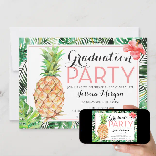 Graduation Luau Pineapple Tropical with Photo Invi Invitation | Zazzle