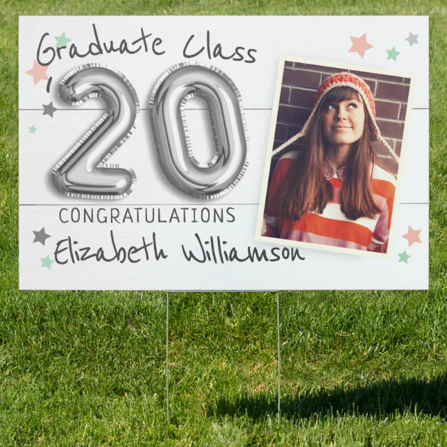 Graduation Modern Foil Balloon Wood Grad Photo Sign | Zazzle