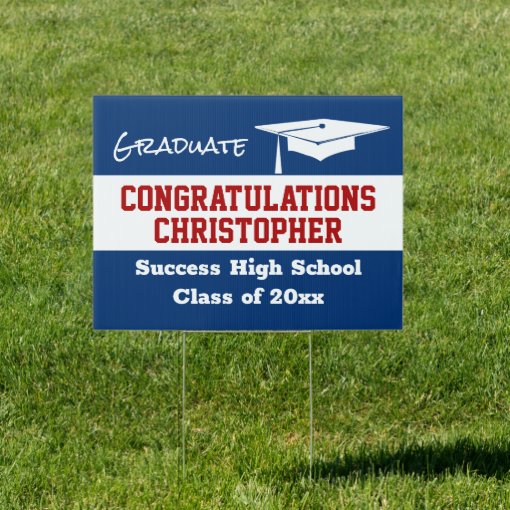 Graduation Modern Grad Cap Blue,Red White Sign | Zazzle