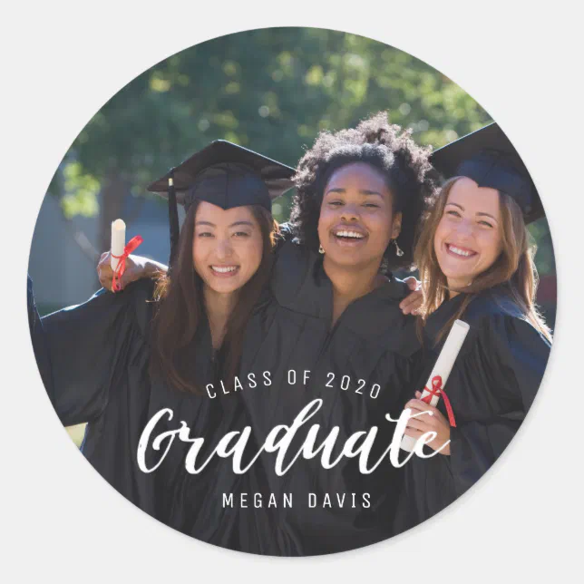 Graduation Modern Photo Name Classic Round Sticker | Zazzle