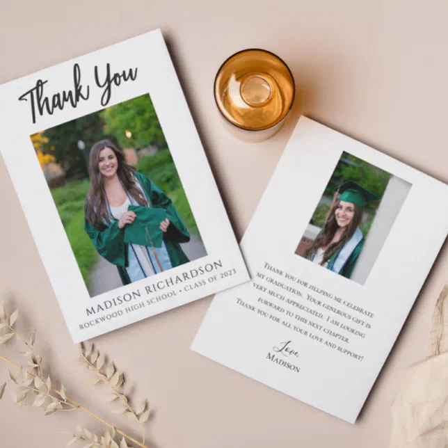 Graduation Modern Script 2 Photo Thank You Card | Zazzle