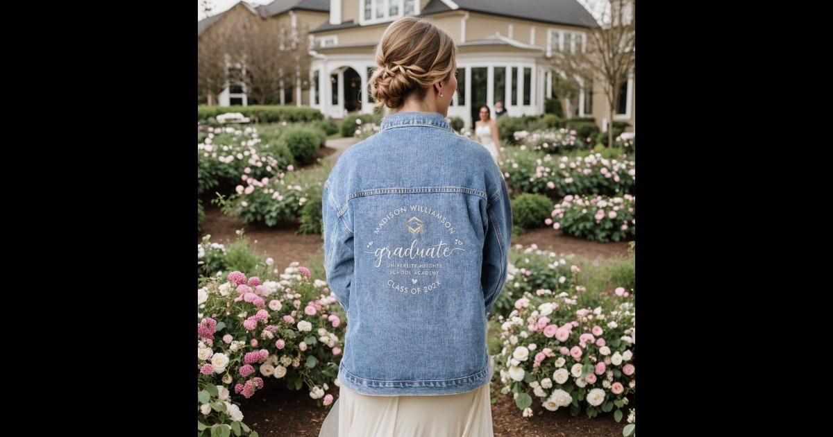 Graduation Modern Script Hearts Gold Cap Your Name Denim Jacket | Zazzle